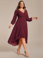 China Plus Size Ruffled A-line Long Sleeve V-neck High Low Wedding Guest Black Chiffon Evening Dress for sale
