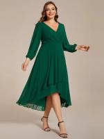 China Plus Size Ruffled A-line Long Sleeve V-neck High Low Wedding Guest Black Chiffon Evening Dress for sale