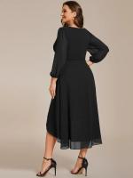 China Plus Size Ruffled A-line Long Sleeve V-neck High Low Wedding Guest Black Chiffon Evening Dress for sale
