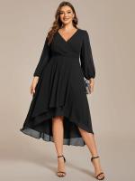 China Plus Size Ruffled A-line Long Sleeve V-neck High Low Wedding Guest Black Chiffon Evening Dress for sale