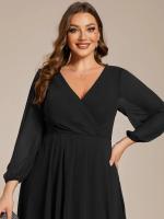 China Plus Size Ruffled A-line Long Sleeve V-neck High Low Wedding Guest Black Chiffon Evening Dress for sale