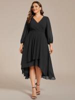 China Plus Size Ruffled A-line Long Sleeve V-neck High Low Wedding Guest Black Chiffon Evening Dress for sale