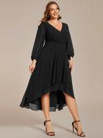 China Plus Size Ruffled A-line Long Sleeve V-neck High Low Wedding Guest Black Chiffon Evening Dress for sale