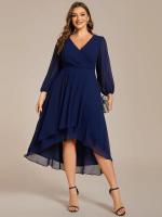 China Plus Size Ruffled A-line Long Sleeve V-neck High Low Wedding Guest Dusty Navy Chiffon Evening Dress for sale