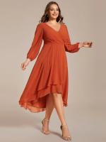 China Plus Size Ruffled A-line Long Sleeve V-neck High Low Wedding Guest Dusty Navy Chiffon Evening Dress for sale