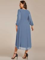 China Plus Size Ruffled A-line Long Sleeve V-neck High Low Wedding Guest Dusty Navy Chiffon Evening Dress for sale