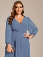 China Plus Size Ruffled A-line Long Sleeve V-neck High Low Wedding Guest Dusty Navy Chiffon Evening Dress for sale