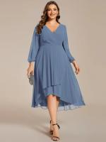 China Plus Size Ruffled A-line Long Sleeve V-neck High Low Wedding Guest Dusty Navy Chiffon Evening Dress for sale