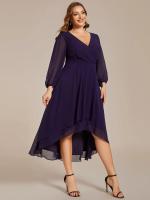 China Plus Size Ruffled A-line Long Sleeve V-neck High Low Wedding Guest White Chiffon Party Dress for sale