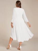 China Plus Size Ruffled A-line Long Sleeve V-neck High Low Wedding Guest White Chiffon Party Dress for sale