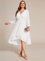 China Plus Size Ruffled A-line Long Sleeve V-neck High Low Wedding Guest White Chiffon Party Dress for sale