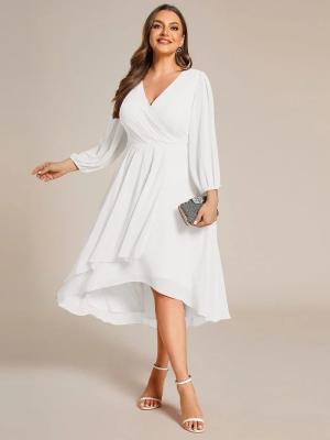 China Plus Size Ruffled A-line Long Sleeve V-neck High Low Wedding Guest White Chiffon Party Dress for sale