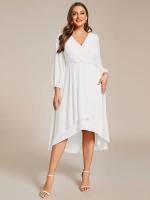 China Plus Size Ruffled A-line Long Sleeve V-neck High Low Wedding Guest White Chiffon Party Dress for sale