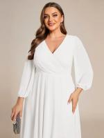 China Plus Size Ruffled A-line Long Sleeve V-neck High Low Wedding Guest White Chiffon Party Dress for sale