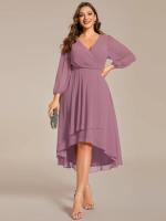 China Plus Size Ruffled A-line Long Sleeve V-neck High Low Wedding Guest Purple Orchid Chiffon Prom Dress for sale