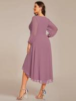 China Plus Size Ruffled A-line Long Sleeve V-neck High Low Wedding Guest Purple Orchid Chiffon Prom Dress for sale