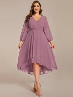 China Plus Size Ruffled A-line Long Sleeve V-neck High Low Wedding Guest Purple Orchid Chiffon Prom Dress for sale