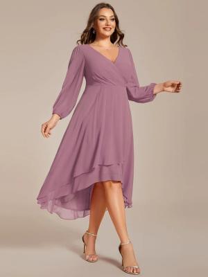 China Plus Size Ruffled A-line Long Sleeve V-neck High Low Wedding Guest Purple Orchid Chiffon Prom Dress for sale