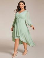 China Plus Size Ruffled A-line Long Sleeve V-neck High Low Wedding Guest Pink Chiffon Party Dress for sale