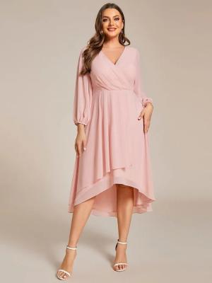 China Plus Size Ruffled A-line Long Sleeve V-neck High Low Wedding Guest Pink Chiffon Party Dress for sale