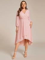 China Plus Size Ruffled A-line Long Sleeve V-neck High Low Wedding Guest Pink Chiffon Party Dress for sale