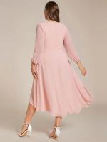China Plus Size Ruffled A-line Long Sleeve V-neck High Low Wedding Guest Pink Chiffon Party Dress for sale