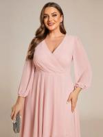 China Plus Size Ruffled A-line Long Sleeve V-neck High Low Wedding Guest Pink Chiffon Party Dress for sale