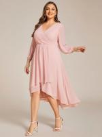 China Plus Size Ruffled A-line Long Sleeve V-neck High Low Wedding Guest Pink Chiffon Party Dress for sale