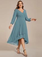 China Plus Size Ruffled A-line Long Sleeve V-neck High Low Wedding Guest Grey Chiffon Graduation Dress for sale