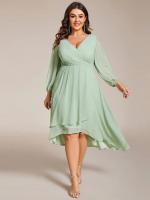 China Plus Size Ruffled A-line Long Sleeve V-neck High Low Wedding Guest Grey Chiffon Graduation Dress for sale