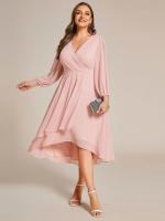China Plus Size Ruffled A-line Long Sleeve V-neck High Low Wedding Guest Grey Chiffon Graduation Dress for sale