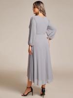 China Plus Size Ruffled A-line Long Sleeve V-neck High Low Wedding Guest Grey Chiffon Graduation Dress for sale