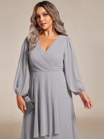 China Plus Size Ruffled A-line Long Sleeve V-neck High Low Wedding Guest Grey Chiffon Graduation Dress for sale