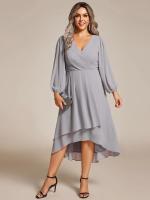 China Plus Size Ruffled A-line Long Sleeve V-neck High Low Wedding Guest Grey Chiffon Graduation Dress for sale