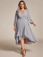 China Plus Size Ruffled A-line Long Sleeve V-neck High Low Wedding Guest Grey Chiffon Graduation Dress for sale