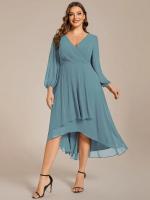 China Plus Size Ruffled A-line Long Sleeve V-neck High Low Wedding Guest Dusty Blue Chiffon Cocktail Dress for sale