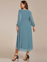 China Plus Size Ruffled A-line Long Sleeve V-neck High Low Wedding Guest Dusty Blue Chiffon Cocktail Dress for sale