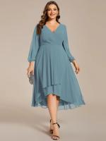 China Plus Size Ruffled A-line Long Sleeve V-neck High Low Wedding Guest Dusty Blue Chiffon Cocktail Dress for sale