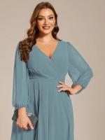 China Plus Size Ruffled A-line Long Sleeve V-neck High Low Wedding Guest Dusty Blue Chiffon Cocktail Dress for sale