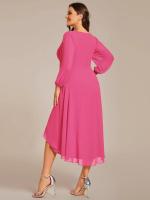 China Plus Size Ruffled A-line Long Sleeve V-neck High Low Wedding Guest Hot Pink Chiffon Homecoming Dress for sale