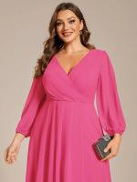 China Plus Size Ruffled A-line Long Sleeve V-neck High Low Wedding Guest Hot Pink Chiffon Homecoming Dress for sale