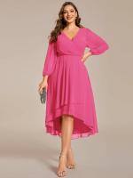 China Plus Size Ruffled A-line Long Sleeve V-neck High Low Wedding Guest Hot Pink Chiffon Homecoming Dress for sale