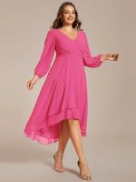 China Plus Size Ruffled A-line Long Sleeve V-neck High Low Wedding Guest Teal Chiffon Evening Dress for sale