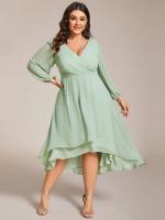 China Plus Size Ruffled A-line Long Sleeve V-neck High Low Wedding Guest Teal Chiffon Evening Dress for sale