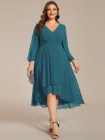 China Plus Size Ruffled A-line Long Sleeve V-neck High Low Wedding Guest Teal Chiffon Evening Dress for sale