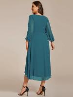 China Plus Size Ruffled A-line Long Sleeve V-neck High Low Wedding Guest Teal Chiffon Evening Dress for sale