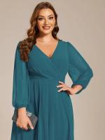 China Plus Size Ruffled A-line Long Sleeve V-neck High Low Wedding Guest Teal Chiffon Evening Dress for sale