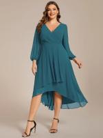 China Plus Size Ruffled A-line Long Sleeve V-neck High Low Wedding Guest Teal Chiffon Evening Dress for sale
