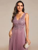 China Elegant V-neck Floor-length Appliqued Zipper Two Straps A-line Purple Orchid Crepe Tulle Evening Dress for sale