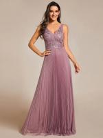 China Elegant V-neck Floor-length Appliqued Zipper Two Straps A-line Purple Orchid Crepe Tulle Evening Dress for sale